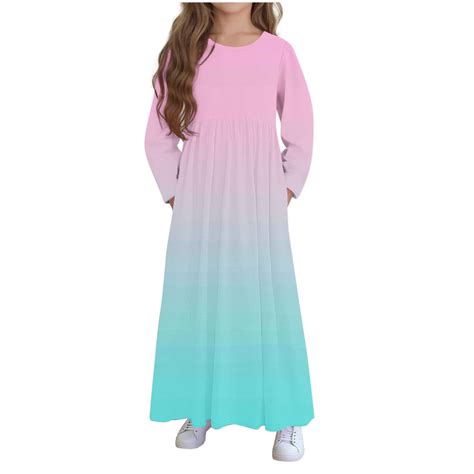 Jsgek Girls Gradient Color Dresses Long Sleeve Pockets Detail Casual