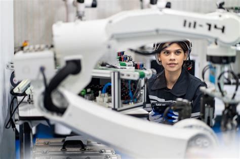 Premium Photo Female Engineer Check And Control Automation Robot Arms Machine In Intelligent