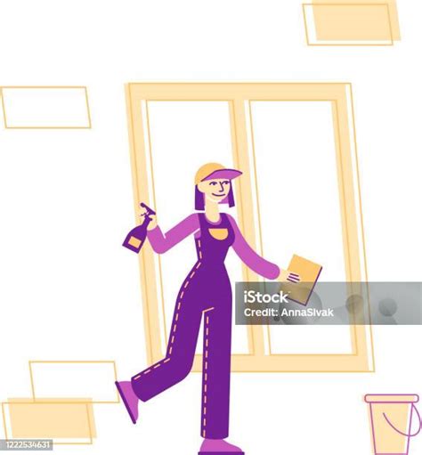 직장에서 장비를 가진 전문 청소 회사 노동자 헝겊으로 균일 한 바지 세척 창에서 여성 캐릭터 하우스 키핑 직업 청소 서비스 개념 선형 벡터 일러스트레이션 가사 집안일에 대한