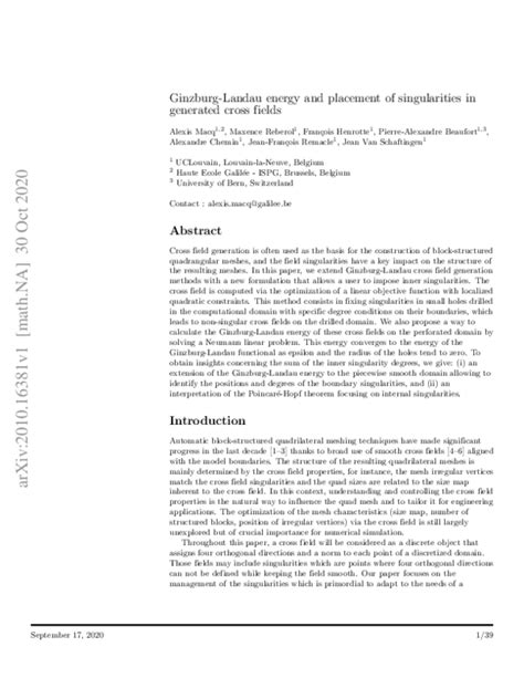 Pdf Ginzburg Landau Energy And Placement Of Singularities In Generated Cross Fields