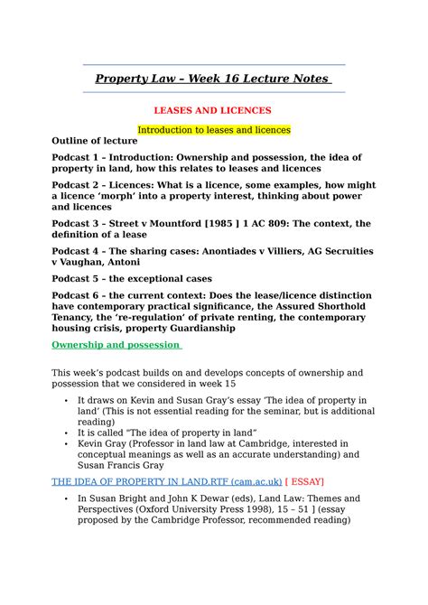 Week 16 Property Lecture Notes 5 Property Law Week 16 Lecture Notes Leases And Licences