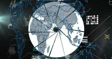 Image Of Data Processing Over World Map Against Multiple Screens With Data Processing Stock