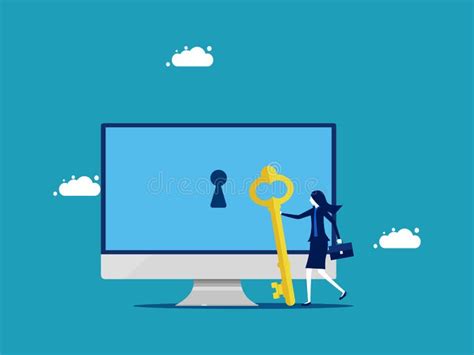 Decode Or Unlock Businesswoman Holding A Key To Unlock A Computer Stock Vector Illustration