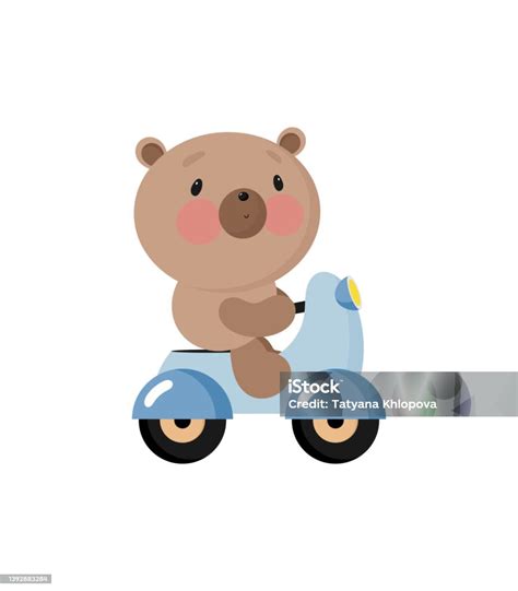 스쿠터에 귀여운 곰 만화 스타일의 벡터 일러스트레이션 카드 포스터 배너 책 팩에 인쇄 옷 직물 벽지 섬유 또는 접시에 인쇄 0명에 대한 스톡 벡터 아트 및 기타 이미지