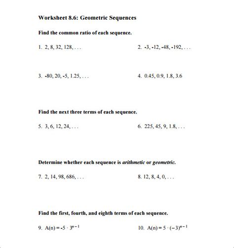 Geometric Sequences Worksheet Algebra 1