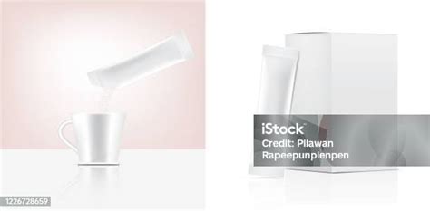 3d 광택 스틱 봉지 모형과 흰색 배경에 고립 된 종이 상자와 물 컵에 분말을 부어 벡터 그림입니다 식품 및 음료 포장 개념