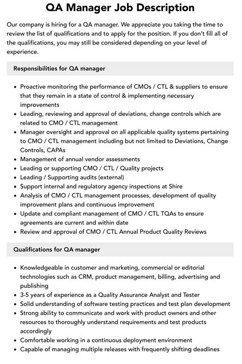 qa manager job description velvet jobs