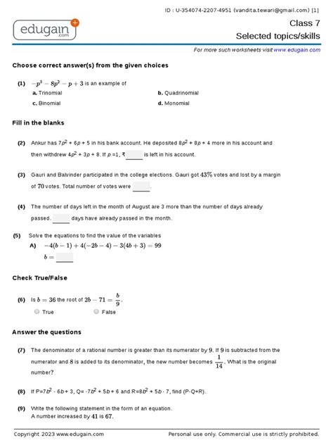 Class 7 Selected Topicsskills Choose Correct Answers From The Given Choices Pdf