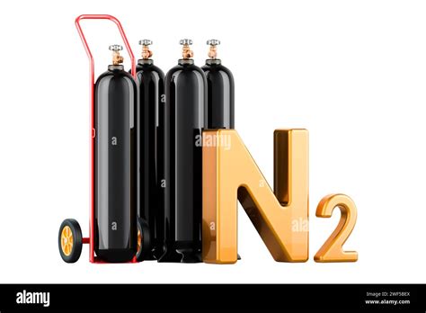 Nitrogen N2 Gas Cylinders With Hand Truck 3d Rendering Isolated On
