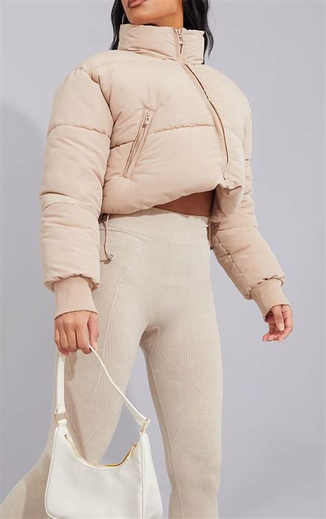 Stone Ribbed Cuff Peach Skin Cropped Puffer