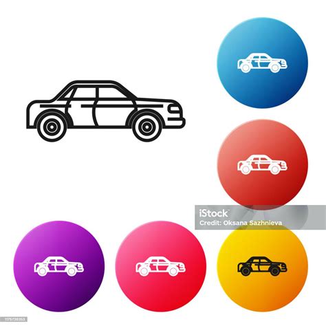 흰색 배경에 격리 된 검은 색 라인 세단 자동차 아이콘입니다 아이콘 다채로운 원 버튼을 설정합니다 벡터 일러스트레이션 0명에