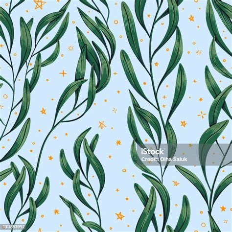 녹색 열대 나무 가지와 별 원활한 패턴 손으로 그린 빈티지 벡터 장식 이국적인 식물 잎 직물 직물 벽지 배경 인쇄 장식에 대한 추상 식물 디자인 0명에 대한 스톡 벡터 아트