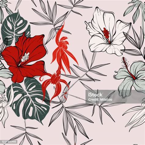 꽃 원활한 패턴 꽃 몬스터 빨간 분홍색 Greeen 색상의 히비스커스 벡터 배경 추상 라인 아트 일러스트 빈티지 식물 여름 잎 벽지 트렌디 한 질감 0명에 대한 스톡 벡터