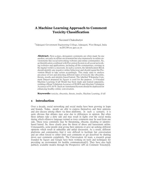 Pdf A Machine Learning Approach To Comment Toxicity Classification