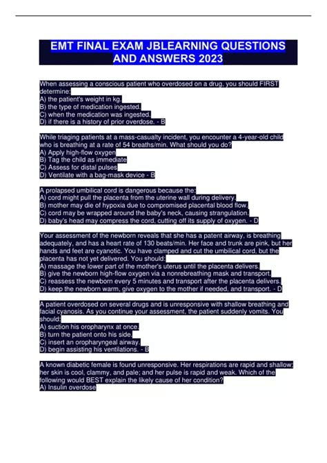 EMT FINAL EXAM JBLEARNING QUESTIONS AND ANSWERS 2023 EMT Stuvia US