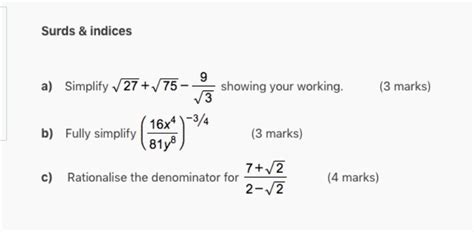 Solved Surds Indices 9 A Simplify 27 75 Showing Your Chegg Com