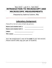 Lab Intro To Microscopy Lab Assignment F Docx Biol Lab Fall