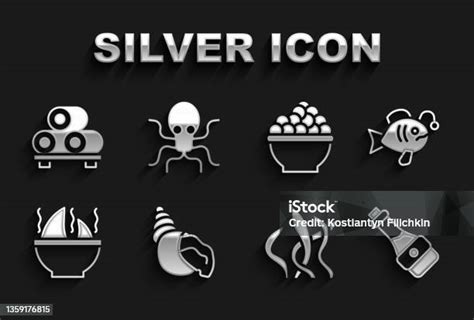 가리비 바다 껍질 열대 어류 간장 병 해초 상어 지느러미 수프 캐비어 도마에 스시 와 문어 아이콘을 설정합니다 벡터 검은색에 대한 스톡 벡터 아트 및 기타 이미지 Istock