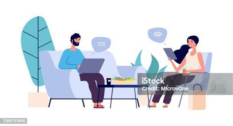 채팅 커플 온라인 대화 담당자 현대 가족의 저녁 시간 가젯 벡터 일러스트와 남자와 여자 가족에 대한 스톡 벡터 아트 및 기타 이미지 Istock