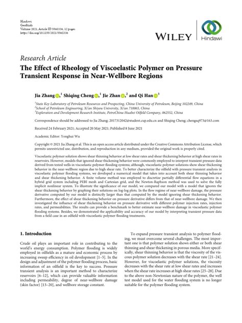 Research Article The Effect Of Rheology Of Viscoelastic Polymer On Pressure Transient Response