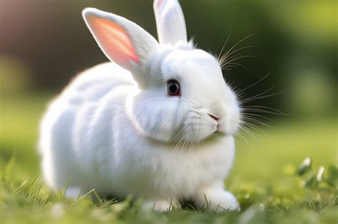 Adorable White Bunny Rabbit Sitting On Green Grass In A Field On A