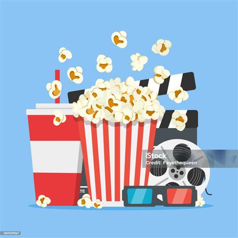 팝콘 음료 필름 스트립 클래퍼보드 3d 안경을 착용한 시네마 컨셉 포스터 영화관에 대한 스톡 벡터 아트 및 기타 이미지