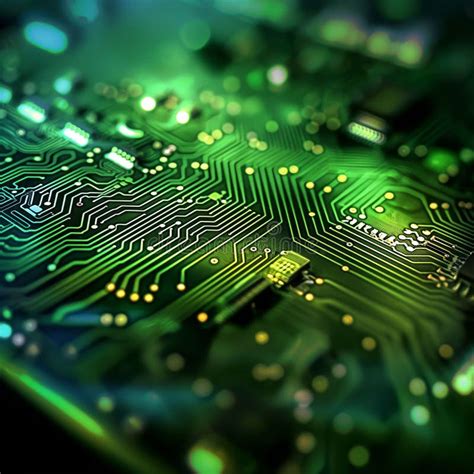 Intricate Green Circuit Board A Close Up Of Electrical Pathways And