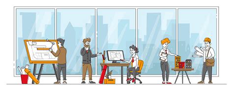건축가 건물 및 엔지니어링 건설 공사 청사진에 프로젝트 페인팅 계획에 작업 엔지니어 캐릭터 및 고객을위한 집 모의 모델 제시 선형 벡터 일러스트레이션 사무실에 대한 스톡