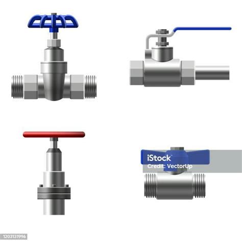 세트 밸브 공 피팅 금속 배관 시스템의 파이프 다른 유형은 물 오일 가스 파이프 라인 파이프 하수 밸브 건설 및 산업 압력 기술 배관 벡터 일러스트 현실적인 스타일 격리 0