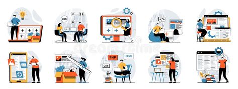 Web Development Concept With People Scenes Mega Set In Flat Design Bundle Of Character