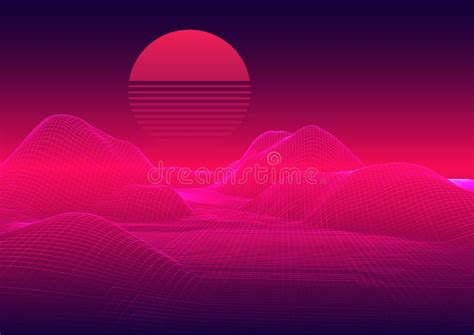 Retro Themed Wireframe Landscape Background Design Stock Vector