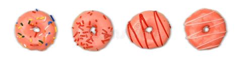 Four Festive Pink Donuts Isolated On A White Background With Clipping