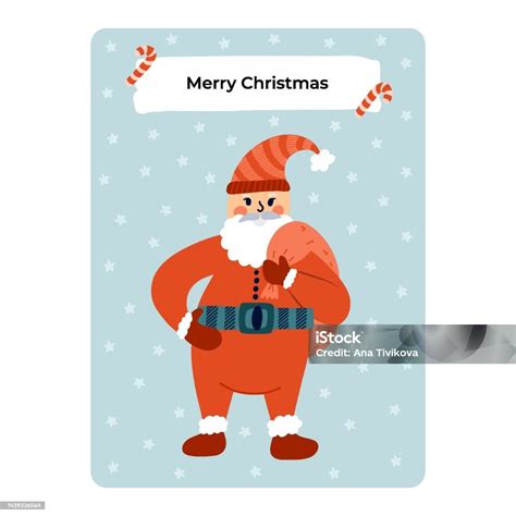 메리 크리스마스 새해 겨울 휴가를위한 엽서 벡터 손으로 그린 포스터는 재미있는 산타클로스가 서서 등 뒤에 선물이 든 가방을 들고