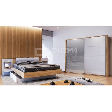 Спален комплект Асти с включено легло с чекмеджета нощни шкафчета гардероб с плъзгащи врати и