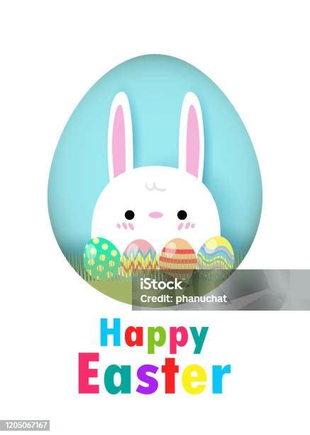 푸른 하늘 배경에 행복 부활절 토끼 토끼 인사말 카드입니다 부활절 배너 템플릿 종이 컷 및 공예 스타일 종이 접기 벡터 그림입니다 개념에 대한 스톡 벡터 아트 및 기타