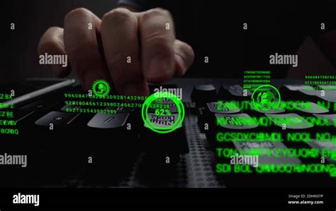 Man Working On Laptop Computer Keyboard With Graphic User Interface GUI Hologram Showing