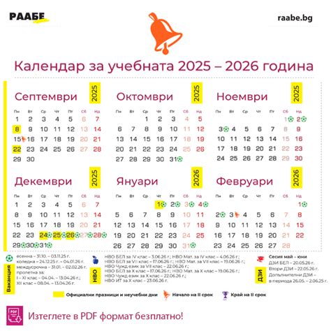 Учебен календар с официални почивни дни училищни ваканции и изпити 2025 2026 според програмата