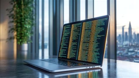 Minimalist Workspace Featuring Laptop Displaying Code With City View