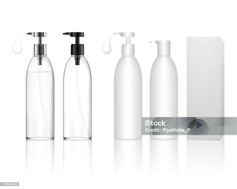 디스펜서 펌프와 상자 화장품 플라스틱 병 젤 액체 로션 크림 샴푸 목욕 거품을위한 스킨 케어 병 뷰티 제품 패키지 벡터 일러스트레이션 라벨에 대한 스톡 벡터 아트 및 기타