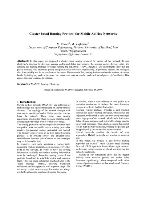 Pdf Cluster Based Routing Protocol For Mobile Ad Hoc Networks