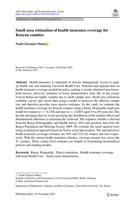 Pdf Small Area Estimation Of Health Insurance Coverage For Kenyan Counties