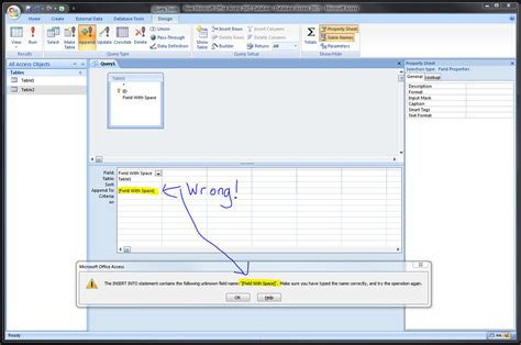 Access 2007 Append Query Field With Spaces Microsoft Qanda
