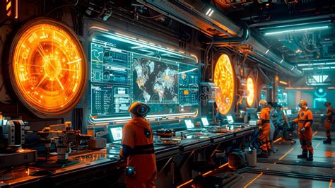 Futuristic Control Room With Engineers Monitoring Global Systems Stock