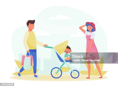 행복하다 남자와 여자 어머니와 아버지 산책 와 유모차 에서 공원 벡터 일러스트 가계에 대한 스톡 벡터 아트 및 기타 이미지 가계 개념 걷기 Istock