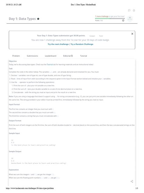 Day 1 Data Types Hackerrank Pdf Integer Computer Science