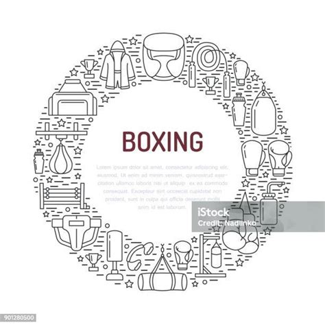 권투 포스터 템플릿입니다 벡터 스포츠 훈련 선 아이콘 장비원형 그림 Punchbag 권투 장갑 반지 무거운 가방 박스 클럽 배너 텍스트에 대 한 장소 개체 그룹에 대한 스톡