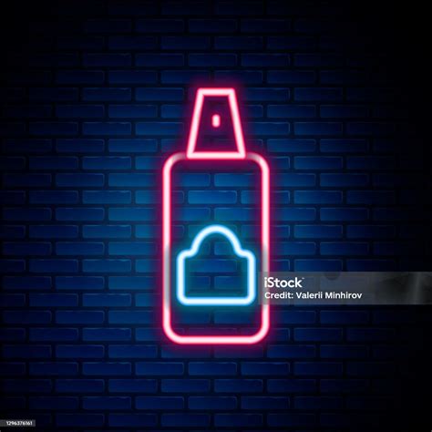 벽돌 벽 배경에 고립 된 헤어 스프레이 데오도란트 발한 방지 아이콘에 대한 빛나는 네온 라인 스프레이 캔 다채로운 개요 개념