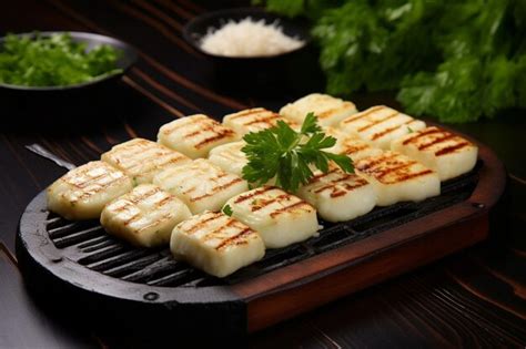 Premium Photo Grilling Halloumi Cheese On Old Dark Wooden Table