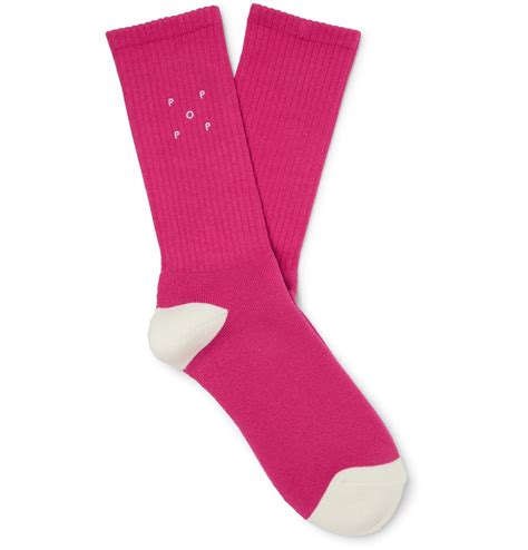 Pop Trading Company Logo Embroidered Ribbed Cotton Blend Socks Pink