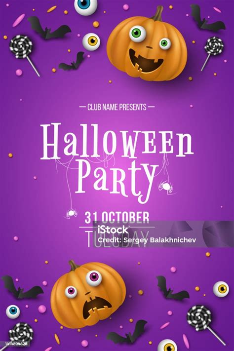 편지가있는 할로윈 파티 초대 포스터 보라색 배경에 눈 사탕 박쥐가있는 호박을 웃는 3d 감정적 인 만화 축제 커버 디자인 초대